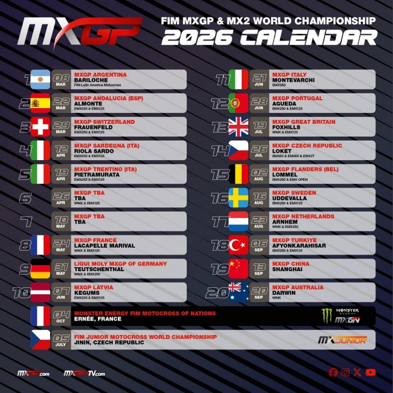 Aggiornato il calendario del Mondiale MXGP 2026 | Dueruote